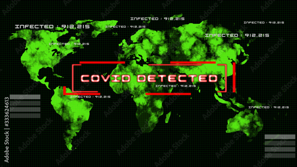 World map crisis virus spread pandemic warning sci-fi HUD UI user ...