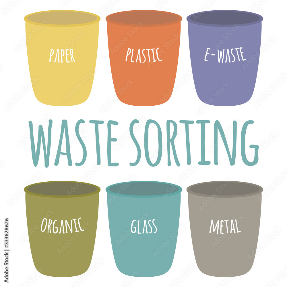 Different types of colourful waste bins for paper, plastic, e-waste ...