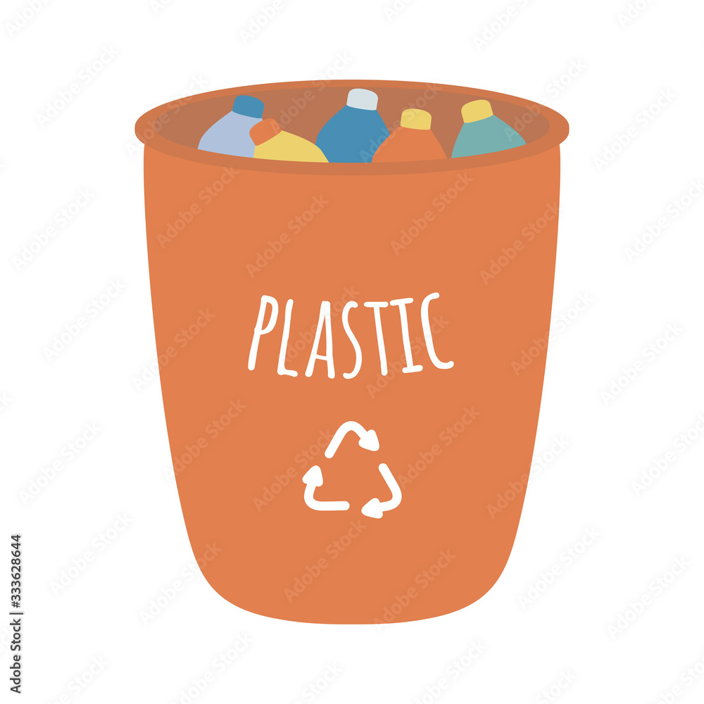 Colourful waste bin for plastic. Waste sorting, less plastic, zero ...