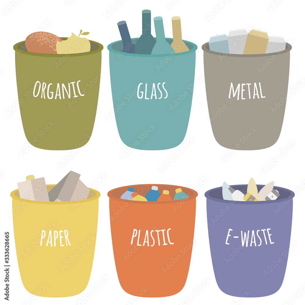 Colorful bins full of different types of waste: paper, plastic, e-waste ...