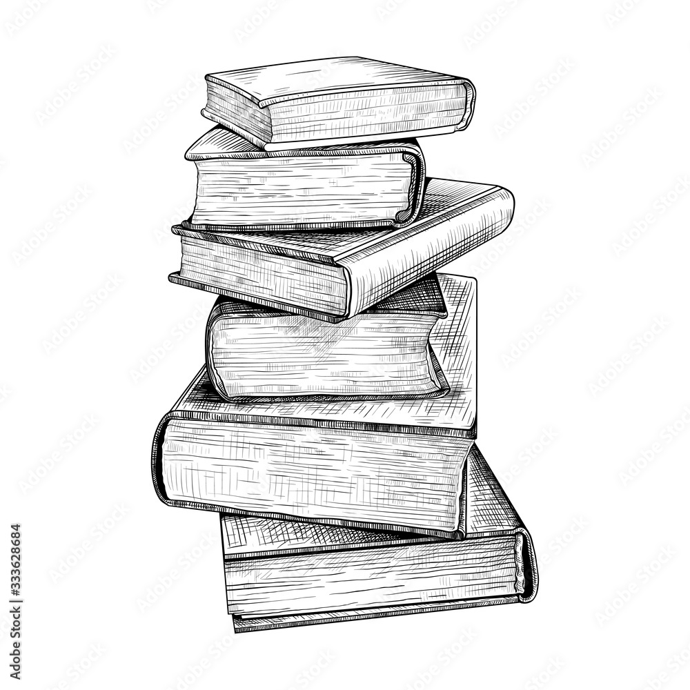 .Stack of books in a horizontal position..Hand-drawn vector drawing in ...