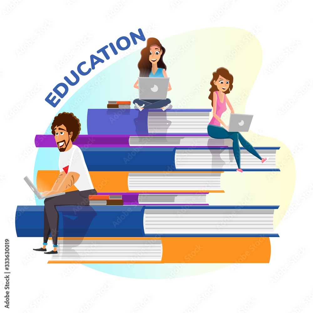 Flat Books Stack and happy Tiny People Education Poster. Cartoon Male ...