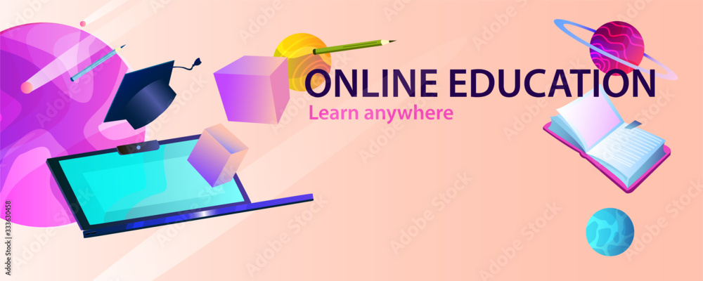 Horizontal abstract banner online education with laptop, cubes, books ...