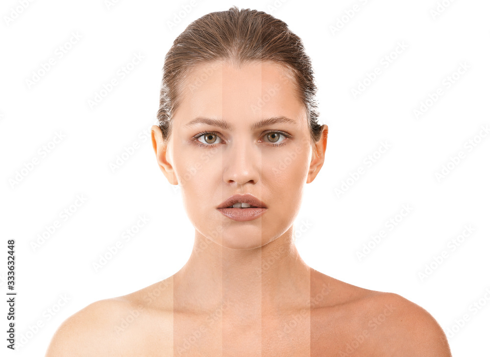 Beautiful young woman with different shades of skin on white background ...