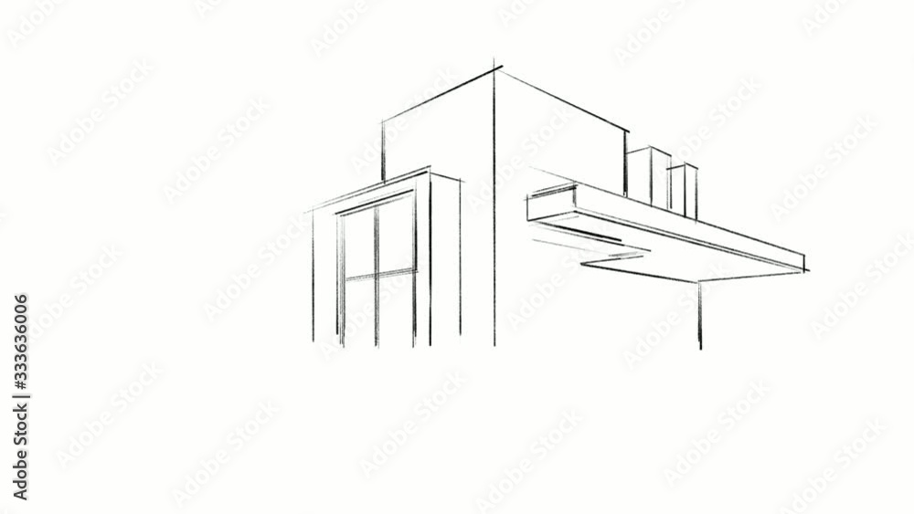 Architectural animated hand drawn sketch of a complex of buildings ...