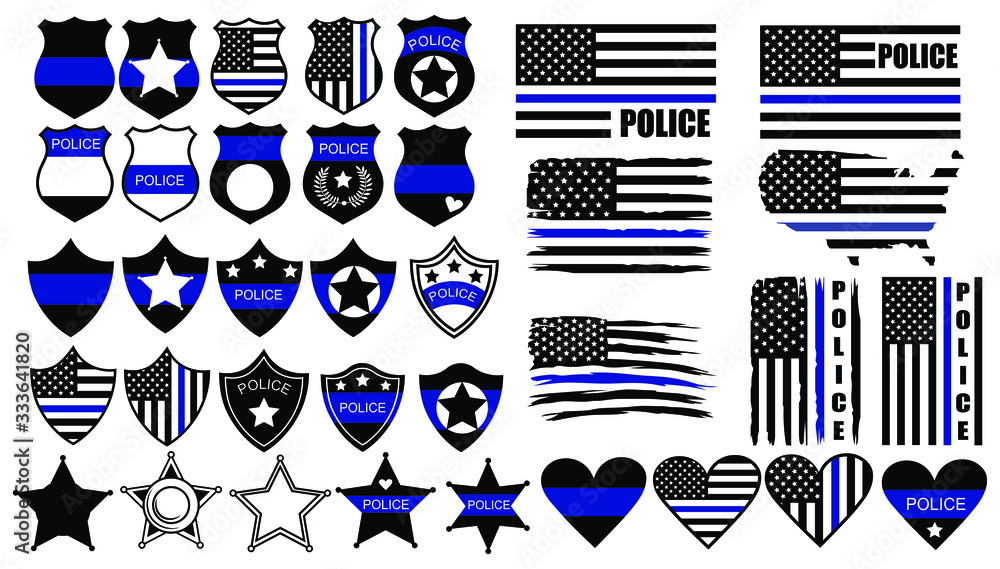 Set of cops thin blue lines. Collection of officer items badge, icon ...