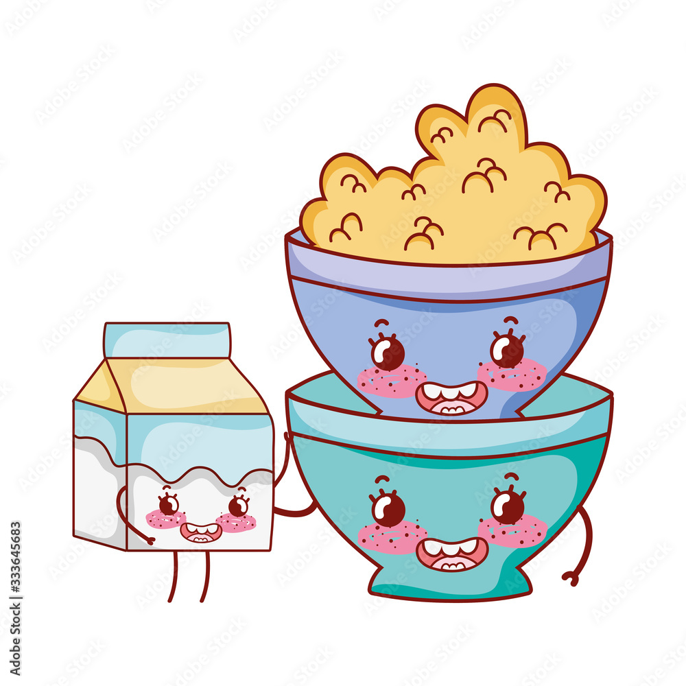 breakfast cute bowl with cereal and milk box cartoon Stock Vector ...