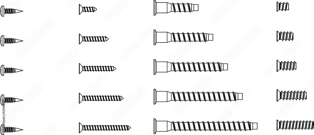 Vector. Many types of screws isolated on white background. Screws of ...