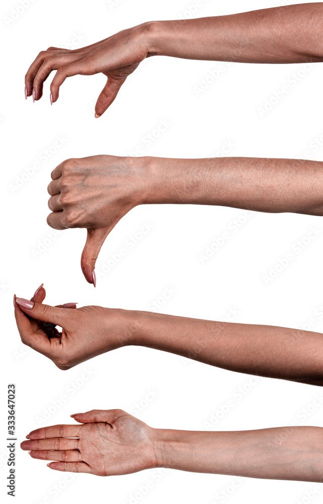 Multiple images set female black hands isolated white background ...