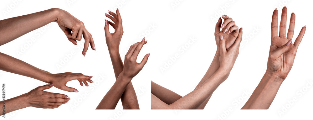 Multiple images set female black hands isolated white background ...