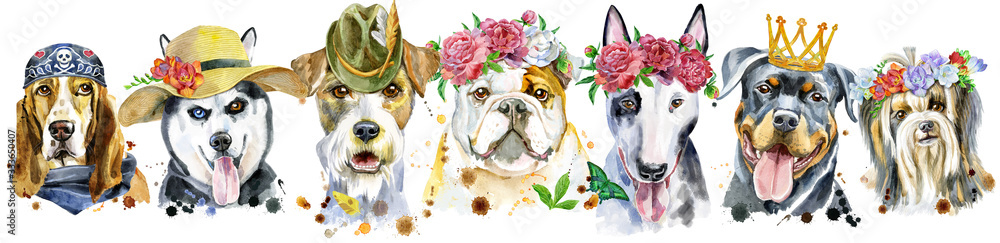 Border from watercolor portraits of dogs for decoration Stock ...