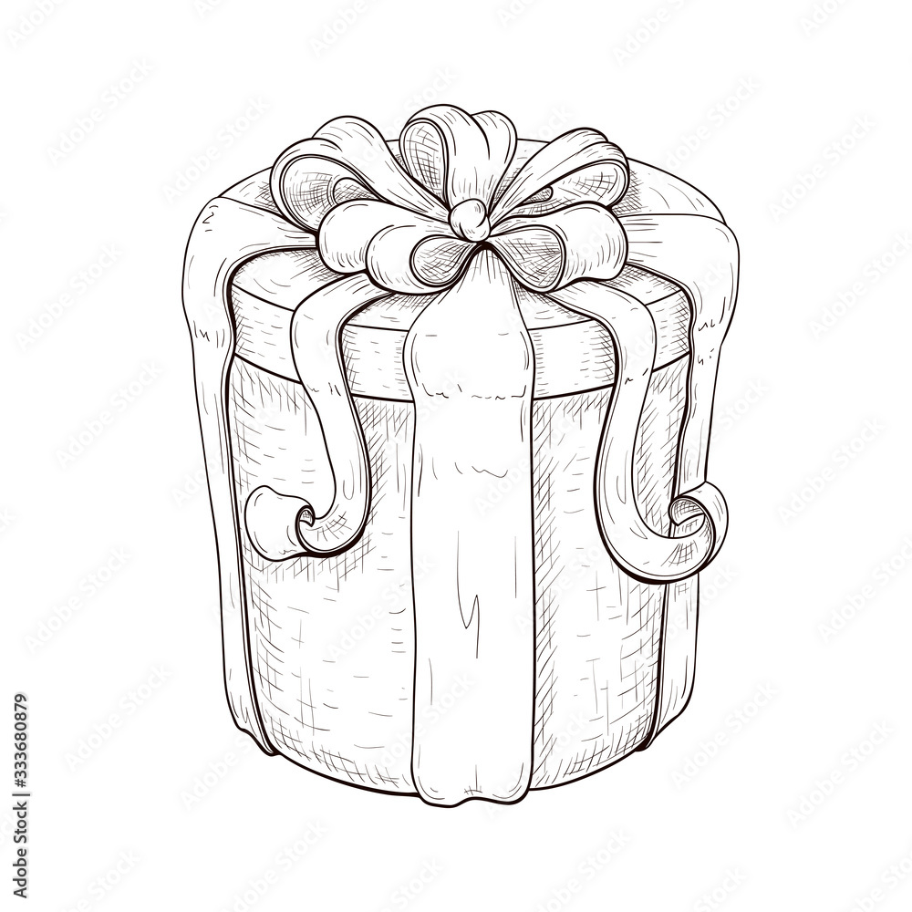 vintage round gift box hand drawn. engraved cardboard present ...