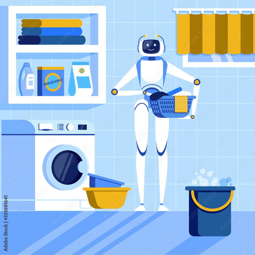 Home Automatization Cartoon Flat Vector Illustration. Robot Washing ...