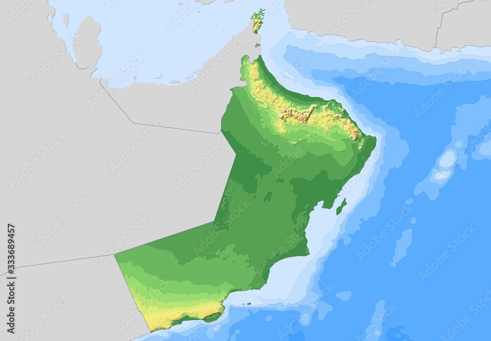 Map of Oman with illuminated terrain contours. Stock Illustration ...