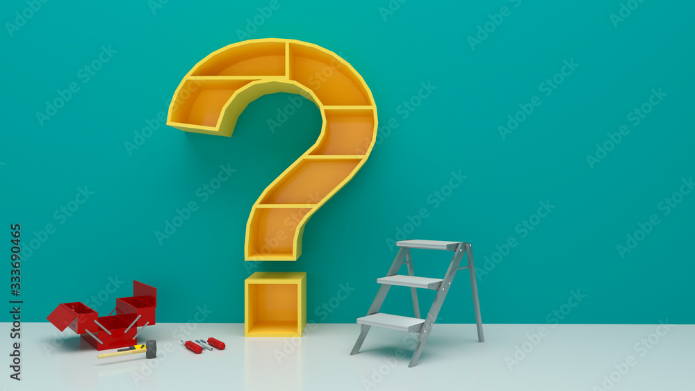 Question mark on a background of colour signs. 3D Rendering.Bookshelves ...