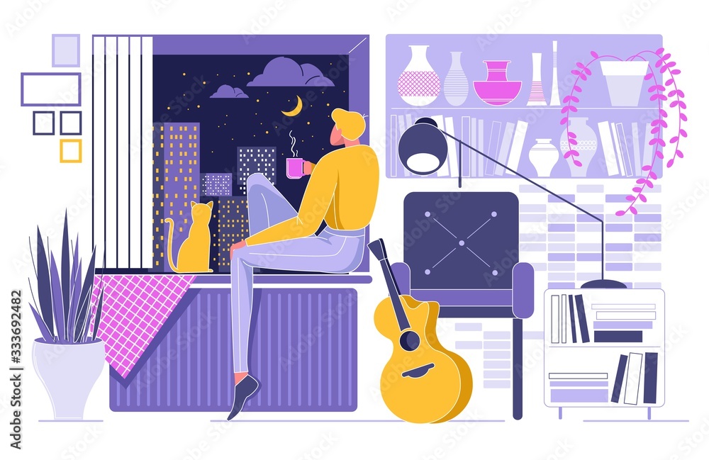 Cartoon Man Sitting on Window Sill with Cat, Looking City Night Sky ...