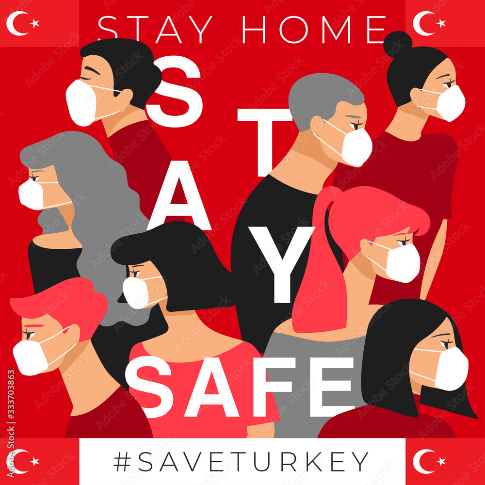 Set of men and women wearing medical mask preventing air pollution and ...