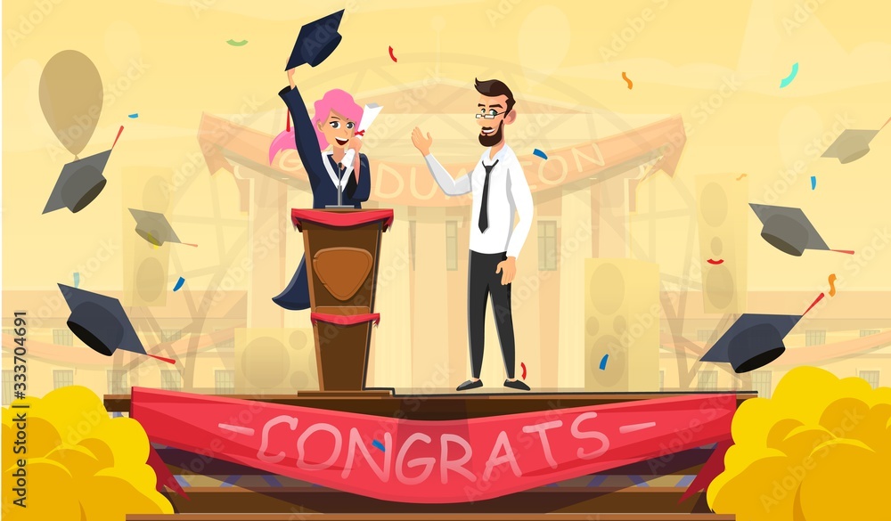 Young Smiling Female Student in Gown Giving Graduation Ceremony Speech ...