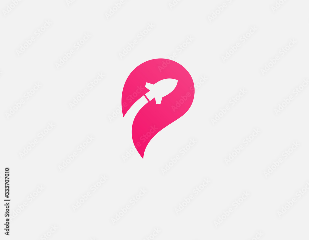 Bright pink logo sign letter P with a rocket inside for your company ...