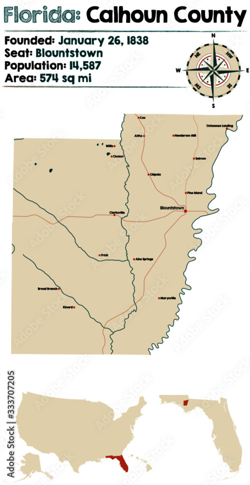 Large and detailed map of Calhoun county in Florida, USA. Stock Vector ...