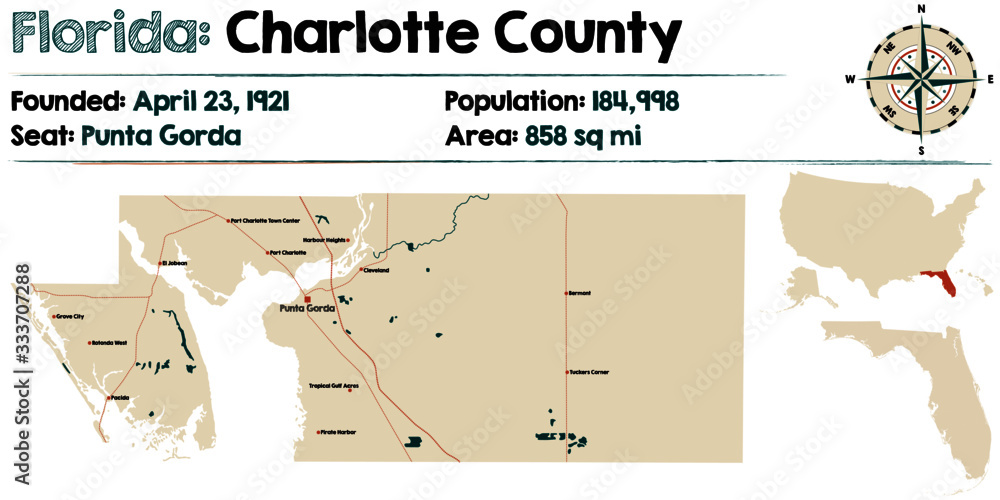 Large and detailed map of Charlotte county in Florida, USA. Stock ...