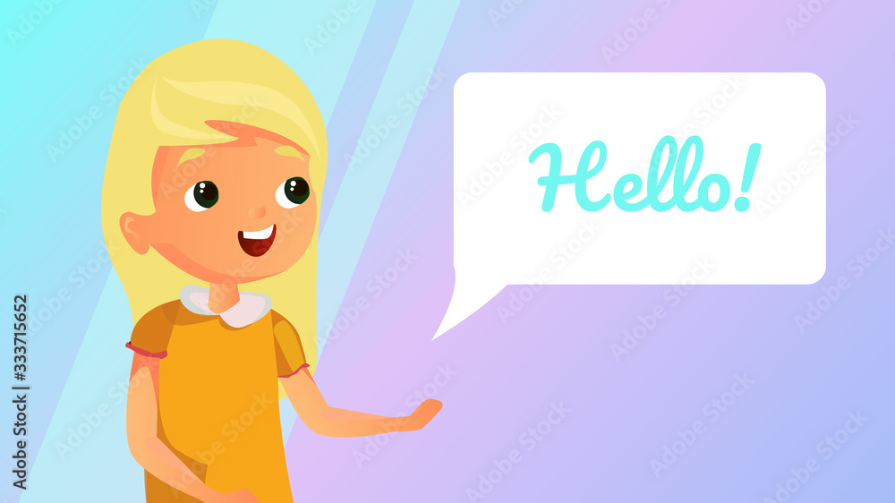 Speech Bubble Banner with Hello Text. Cute Cartoon Girl Waving Hand ...