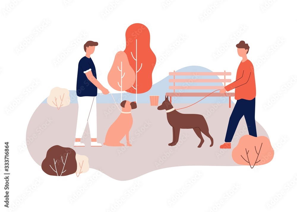 Cartoon Man Owner Walk Dog in Park, Holding Leash in Hand, Doberman ...