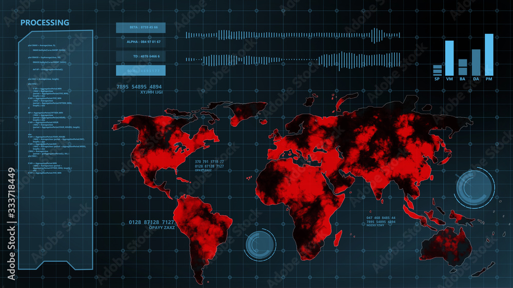 World map crisis virus spread pandemic warning sci-fi HUD UI user ...