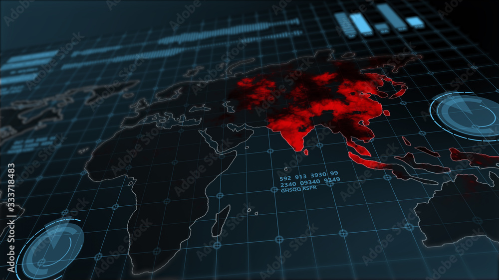 World map crisis virus spread pandemic warning sci-fi HUD UI user ...