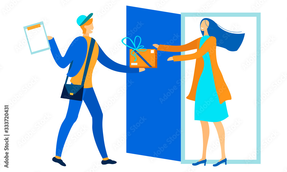 Courier Male Character Giving Woman Cardboard Package Box Cartoon. Flat ...