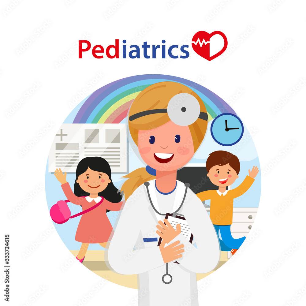 Pediatrics Banner Flat Cartoon Vector Illustration. Woman Doctor ...