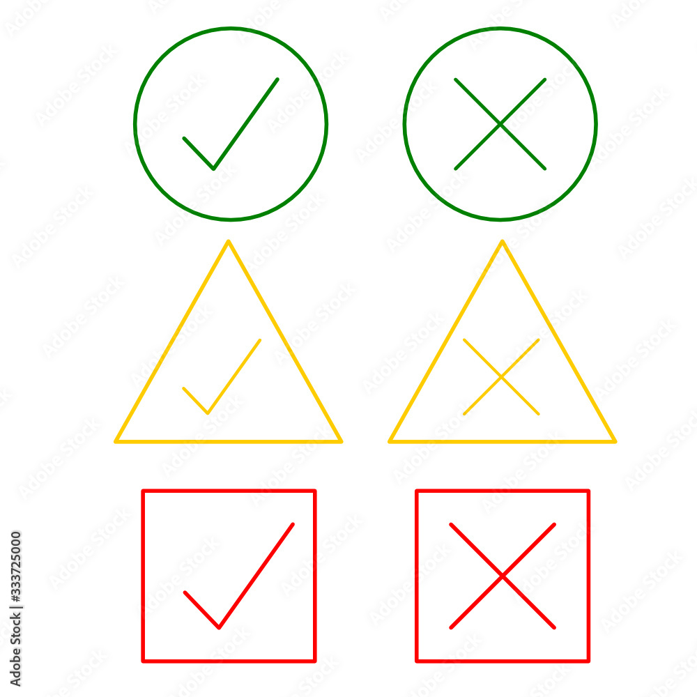 Thin line check mark icons. Green tick and red cross checkmarks flat ...