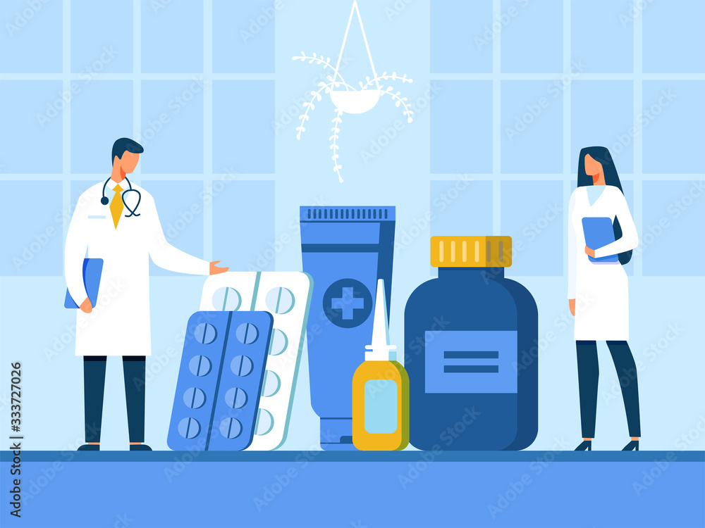 Cartoon Doctor and Nurse Presenting New Drugs for Disease Treatment ...