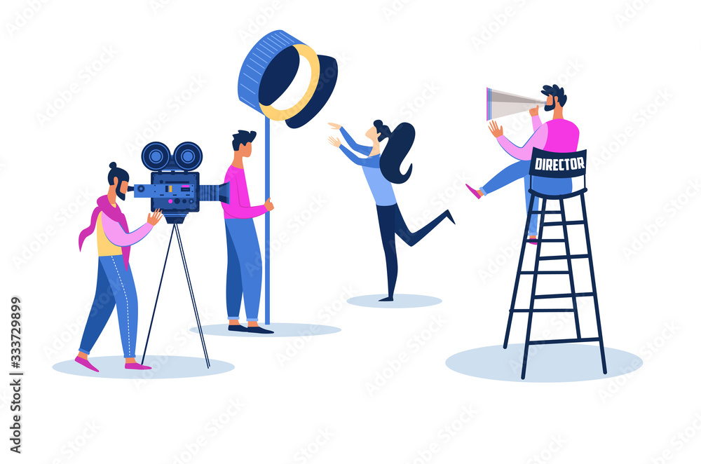 Actress Playing Role at Videocamera and Lighting Equipment. Film ...