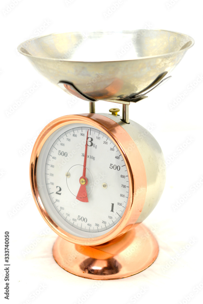 Gold Kitchen Scales with a white Background in KG (Kilo Grams) Stock ...