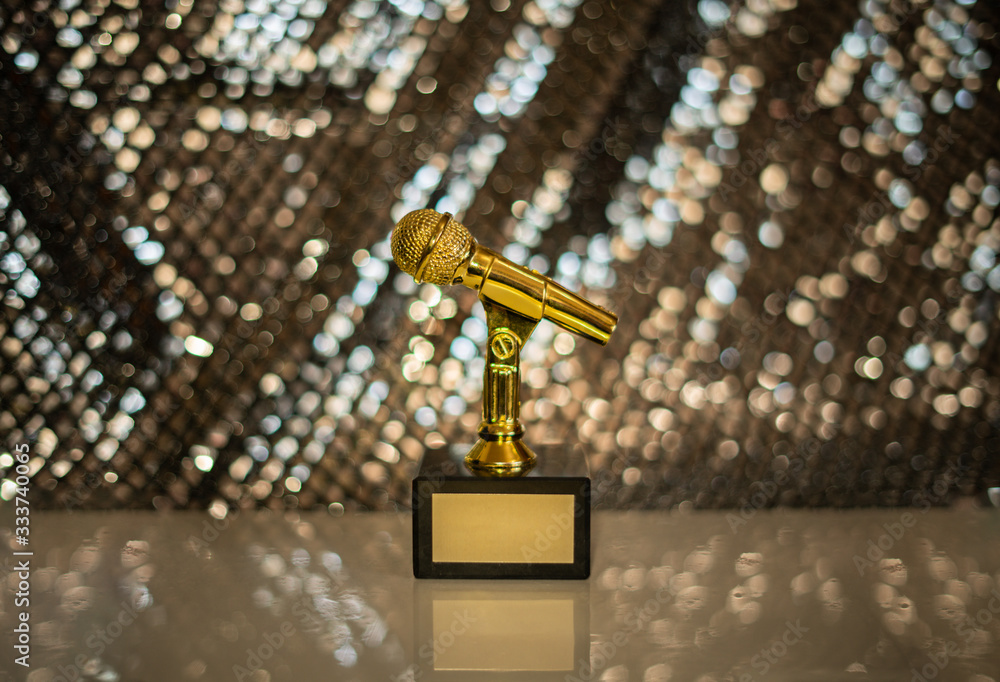 Gold, metallic microphone, mike, mic statuette, figurine medal award ...
