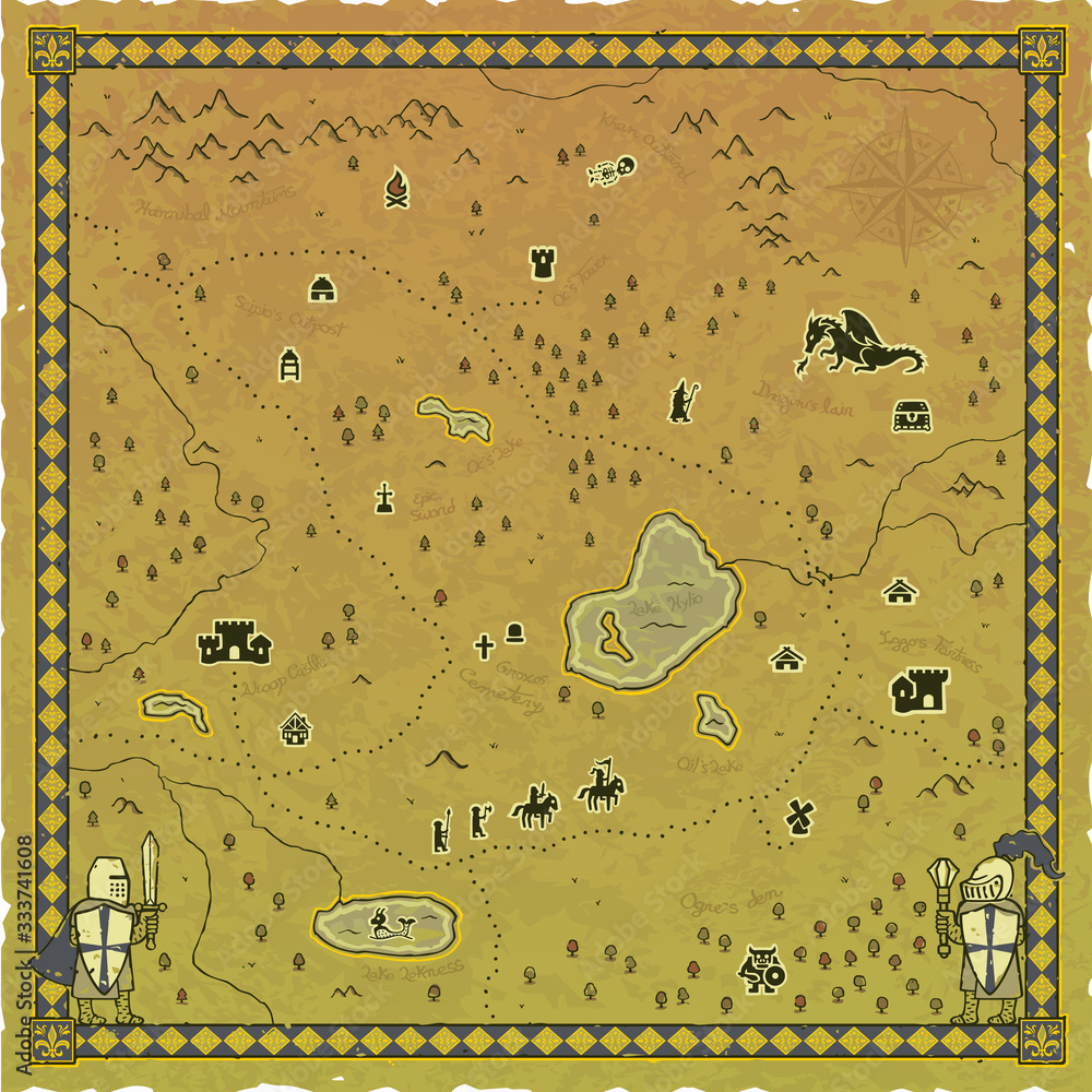 Vector of a square medieval fantasy map with a frame, a compass and ...