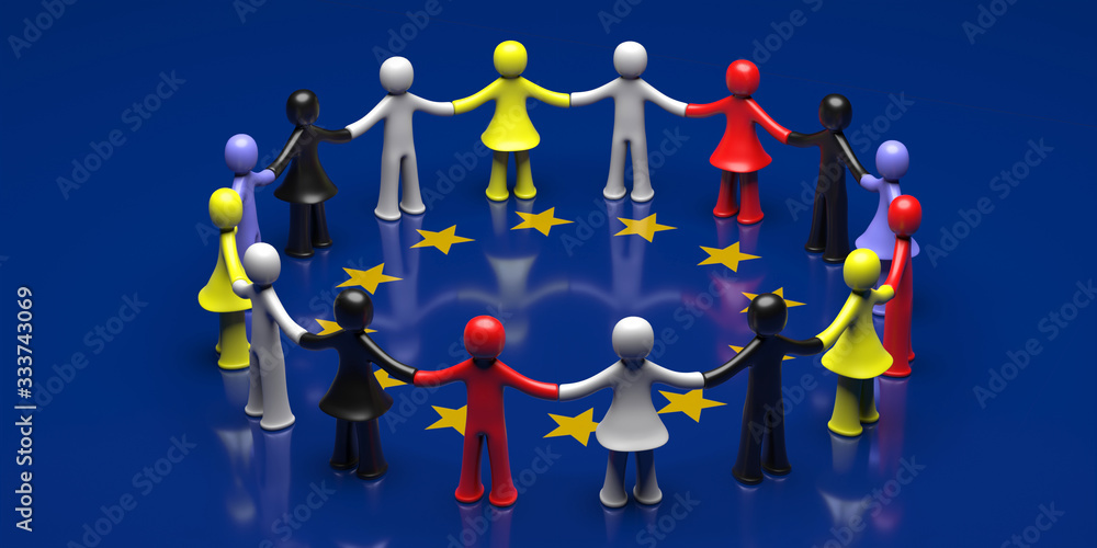Human figures circle holding hands on EU flag background. Solidarity ...
