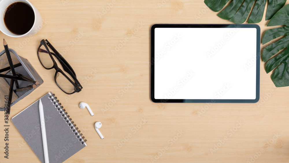 Wooden Table Office desk top view workspace layout corner top right ...