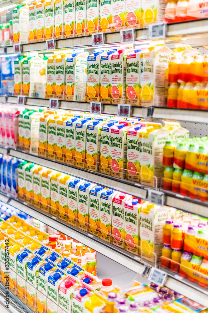 Juice boxes and cold drinks in a commercial refrigerator Stock Photo ...