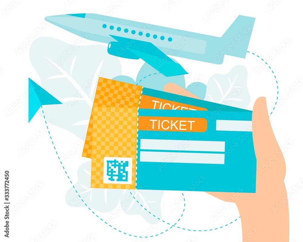 Cartoon Homan Hand Holding Flat Air Ticket with QR Code over Airliner ...