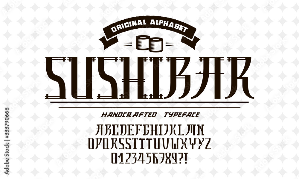 Vector handwritten display font. Japanese style Typeface. Retro ABC ...