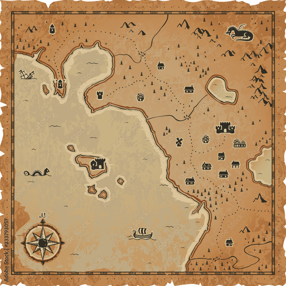 Vector illustration of a fantasy map on a parchment background with a ...