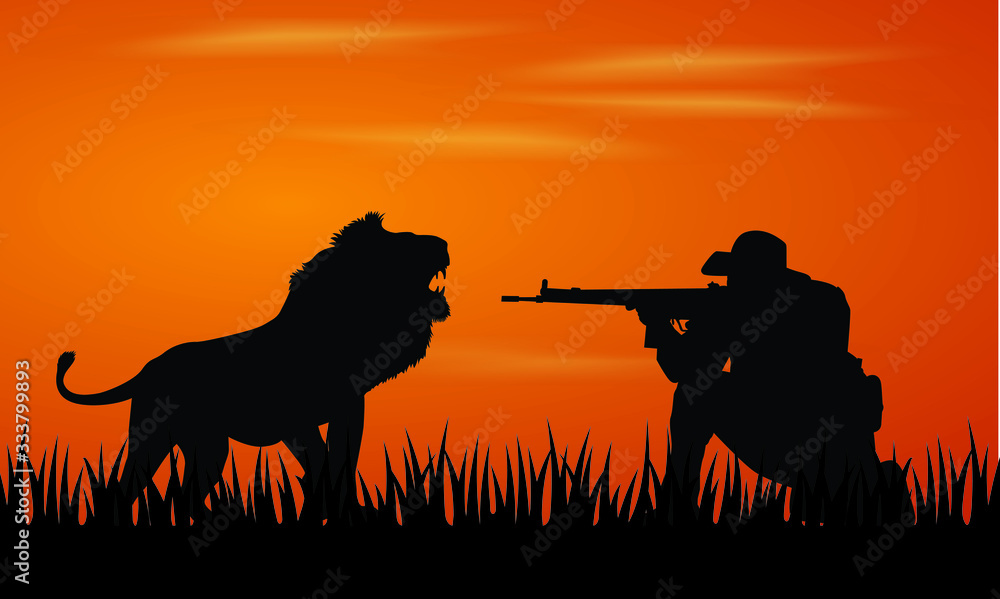 Vector illustration hunter with rifle and against African lion ...
