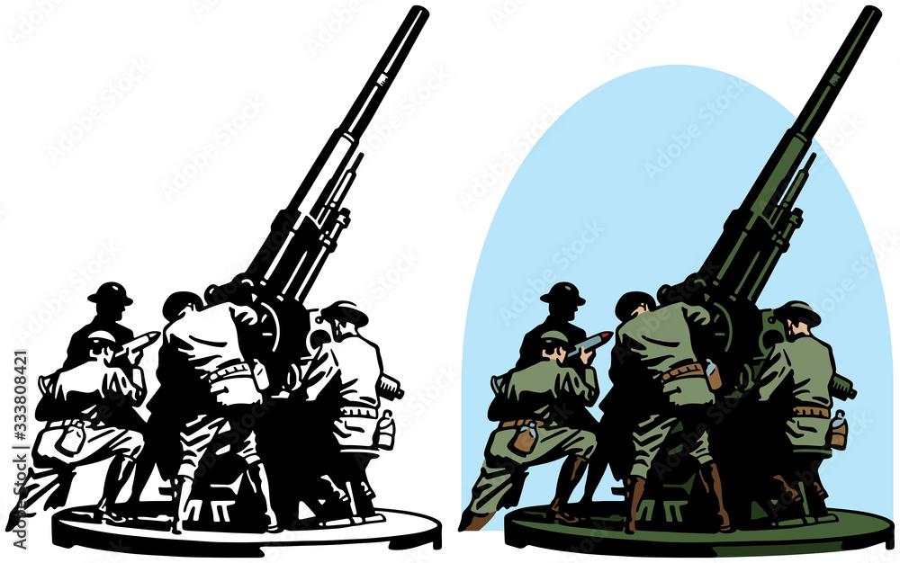 A drawing of a World War II era anti aircraft cannon manned by soldiers ...