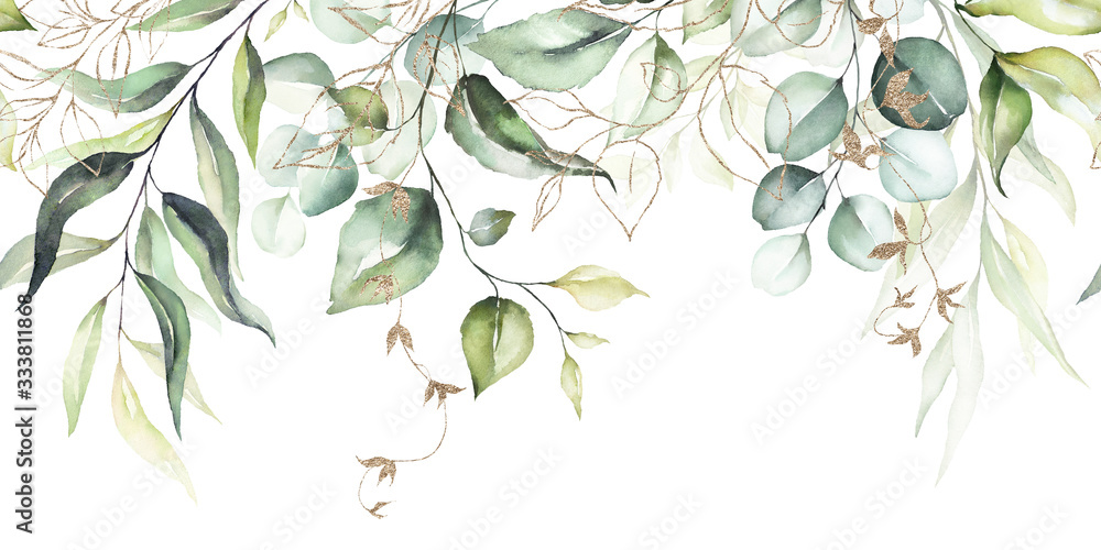 Watercolor seamless border - illustration with green leaves & branches ...
