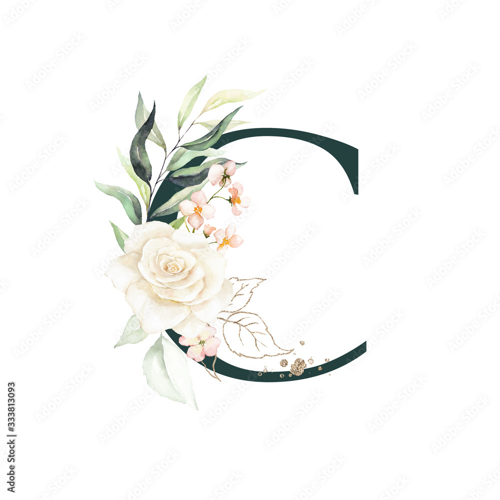Dark Green Floral Alphabet - letter C with peach pink gold green ...