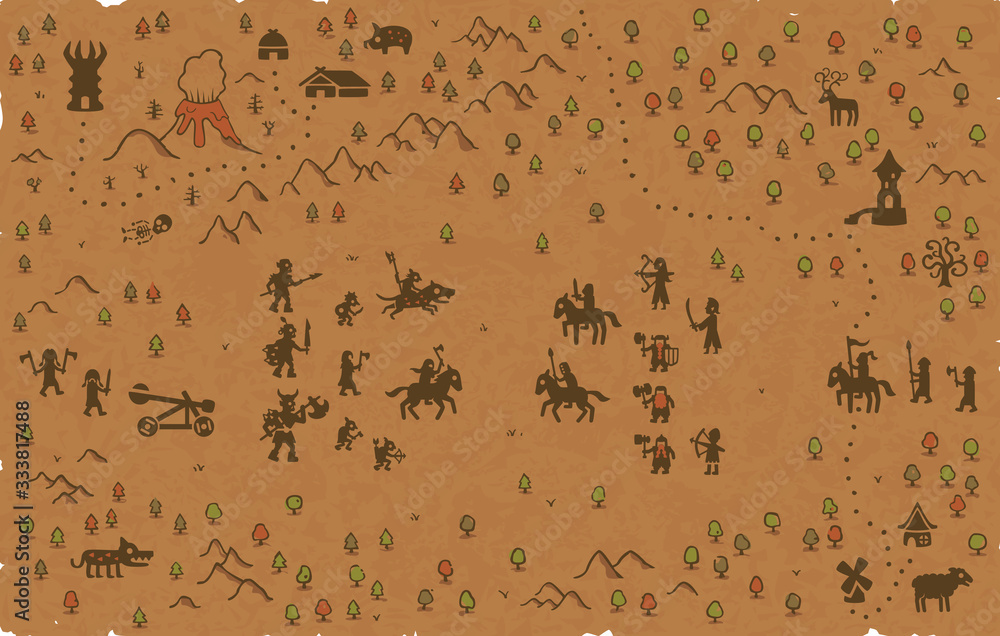 Epic medieval fantasy battle map with orcs, elves, warriors, creatures ...