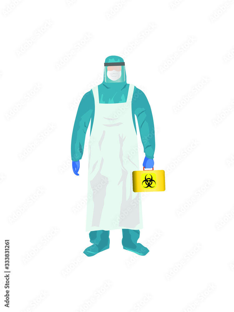 Person in full personal protective equipment (PPE) holding biohazard ...