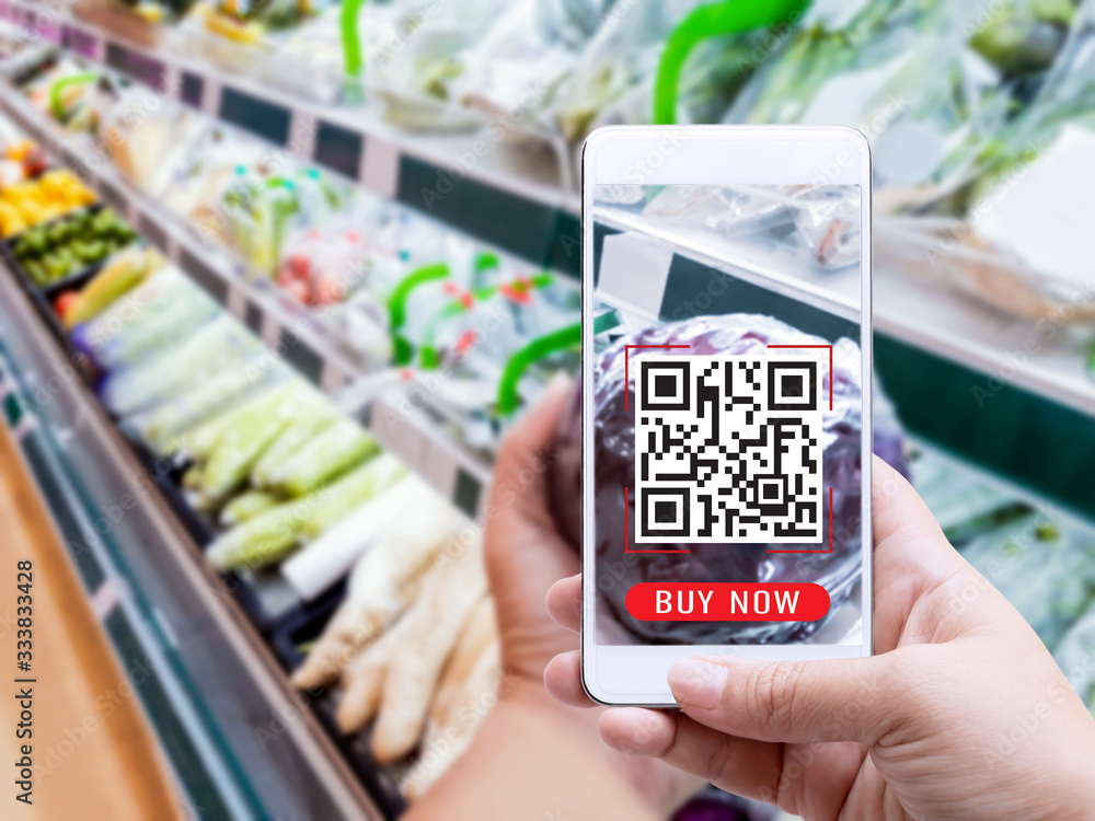 Online order grocery shopping on touch screen concept. Woman hand ...